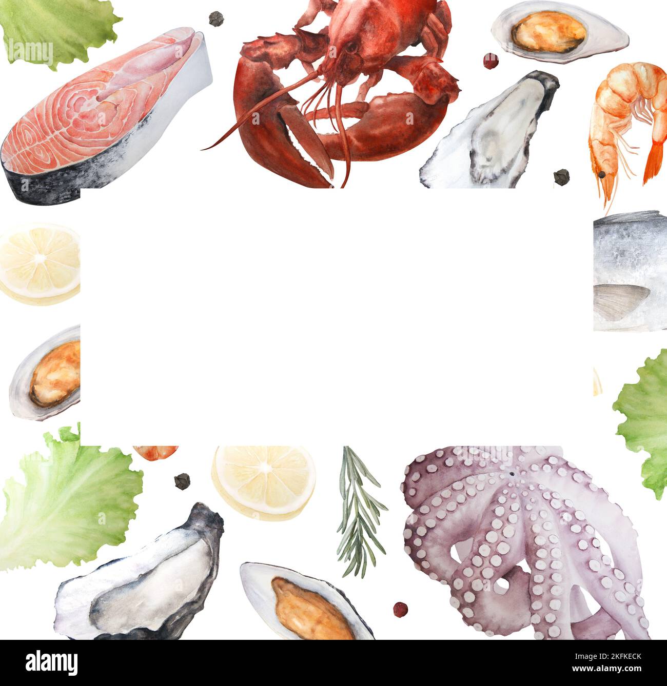 Seafood watercolor illustration, rectangular frame on white background ...