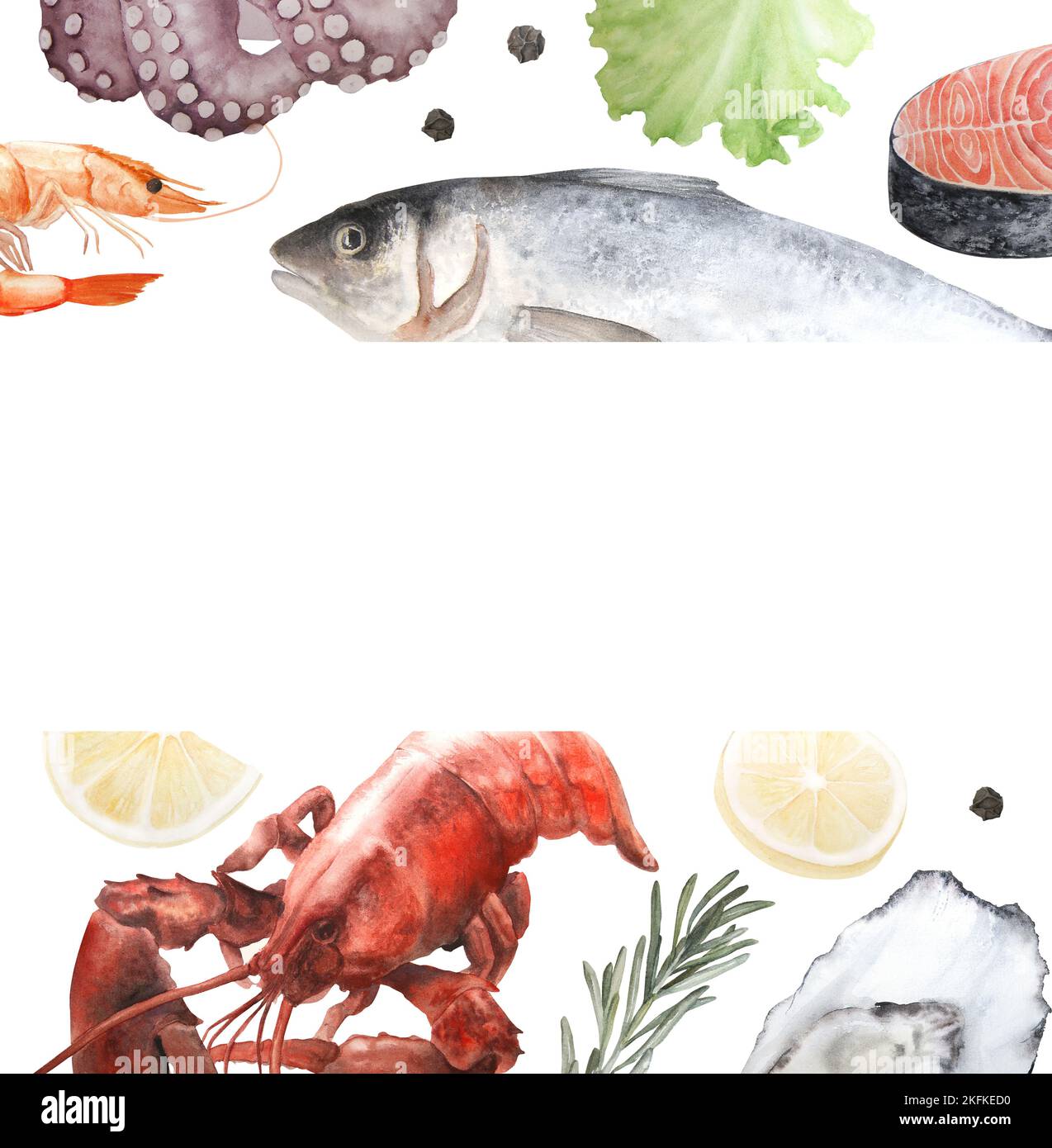 Seafood watercolor illustration, rectangular frame on white background ...