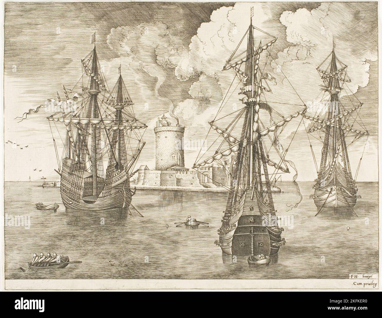 Four-Master and Two Three-Masters Anchored near a Fortified Island with ...