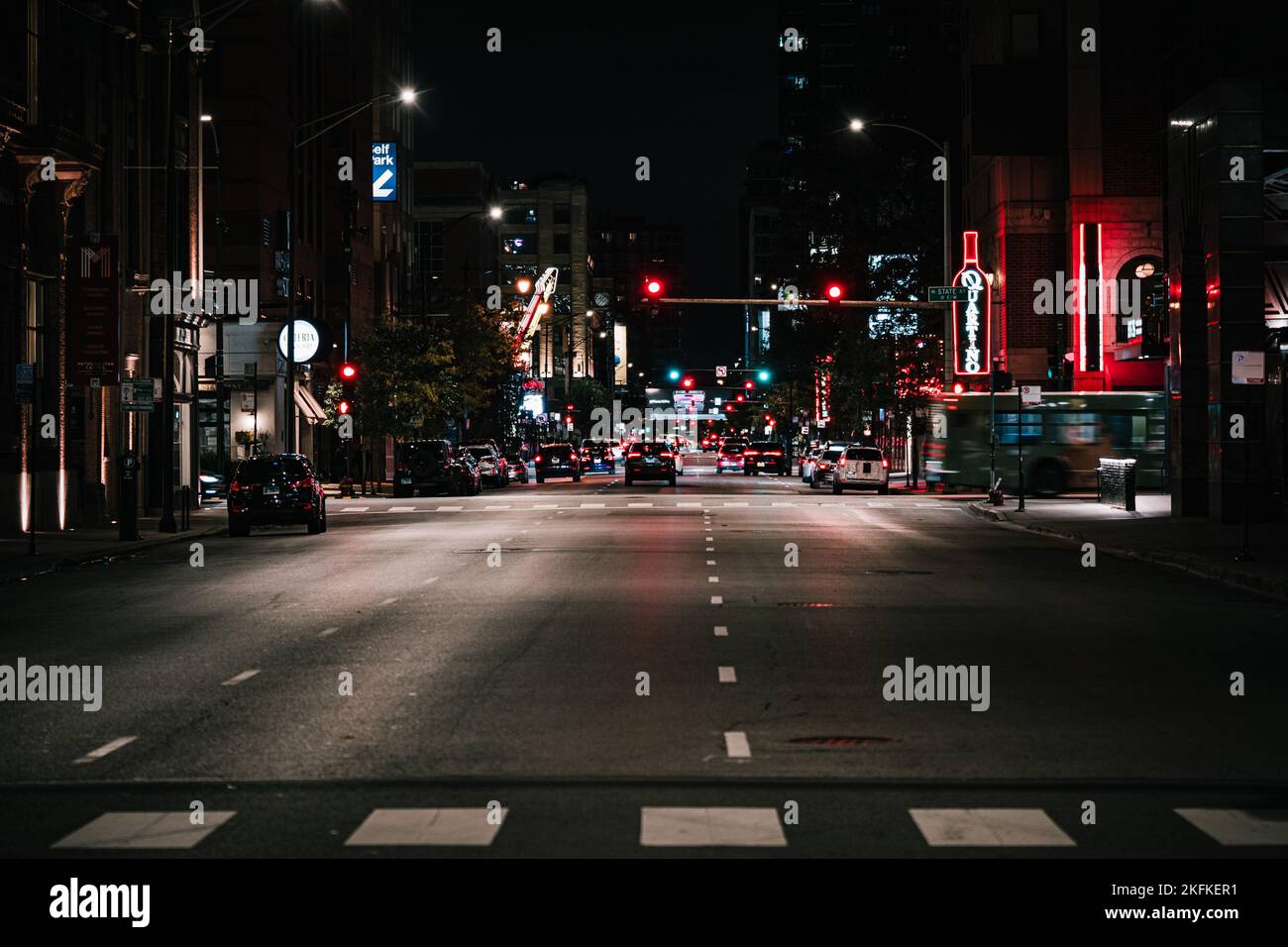 The Everett city street life at night - illuminated street-side ...