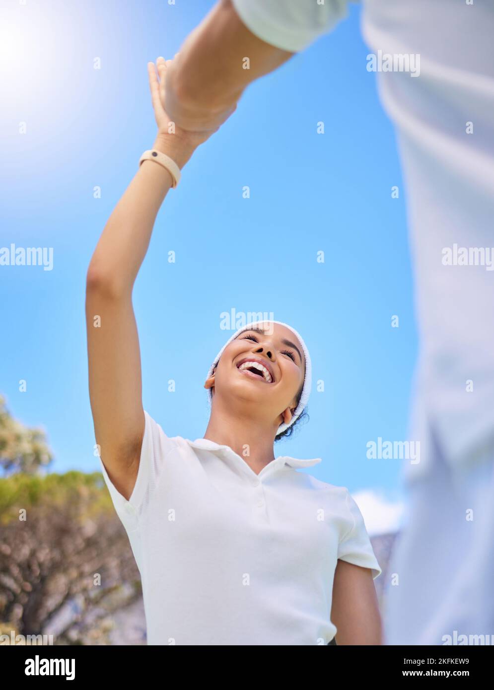 High five, teamwork and fitness training success for healthcare workout ...