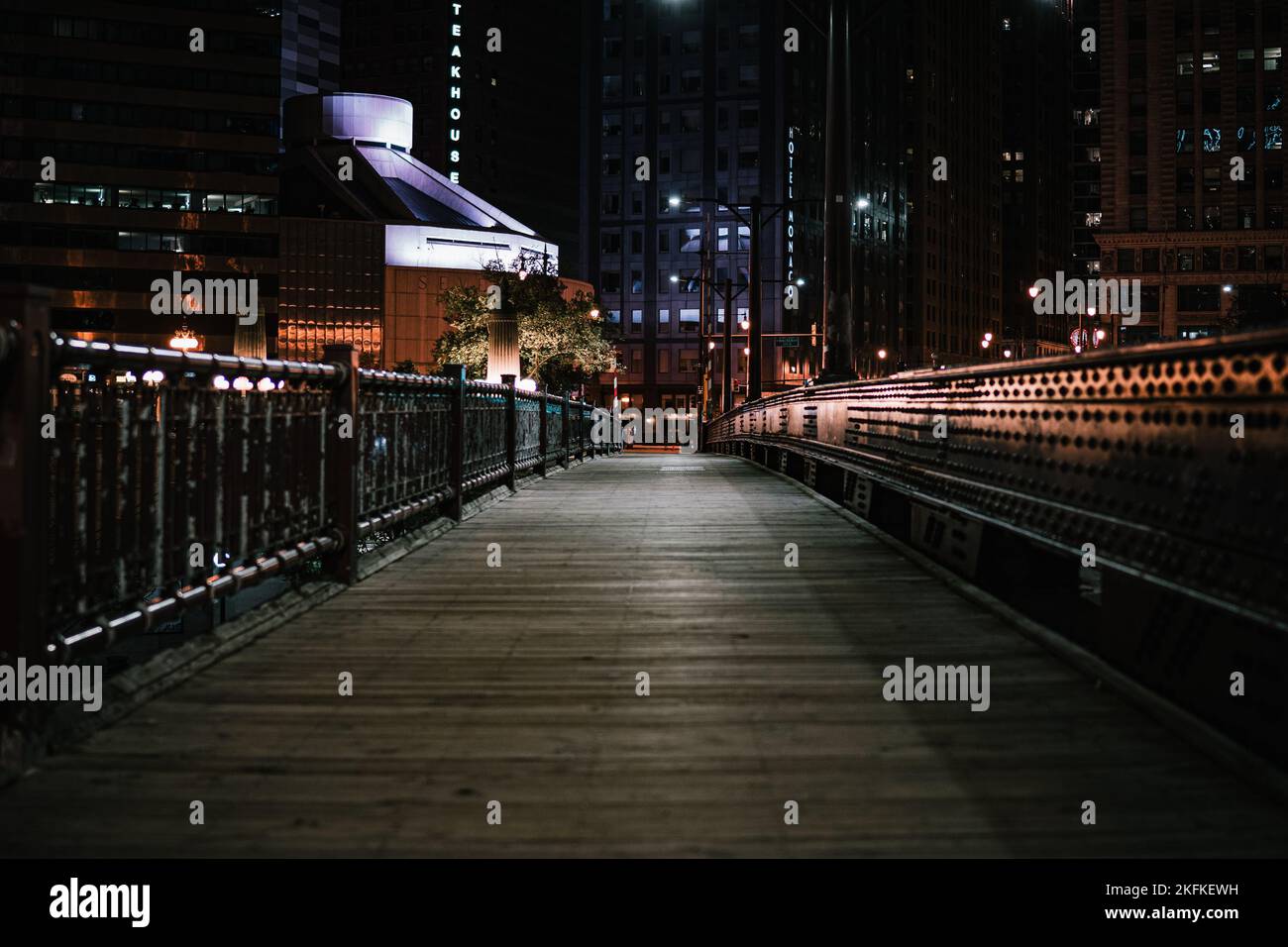 The view from an old bridge to the Everett city buildings at night ...