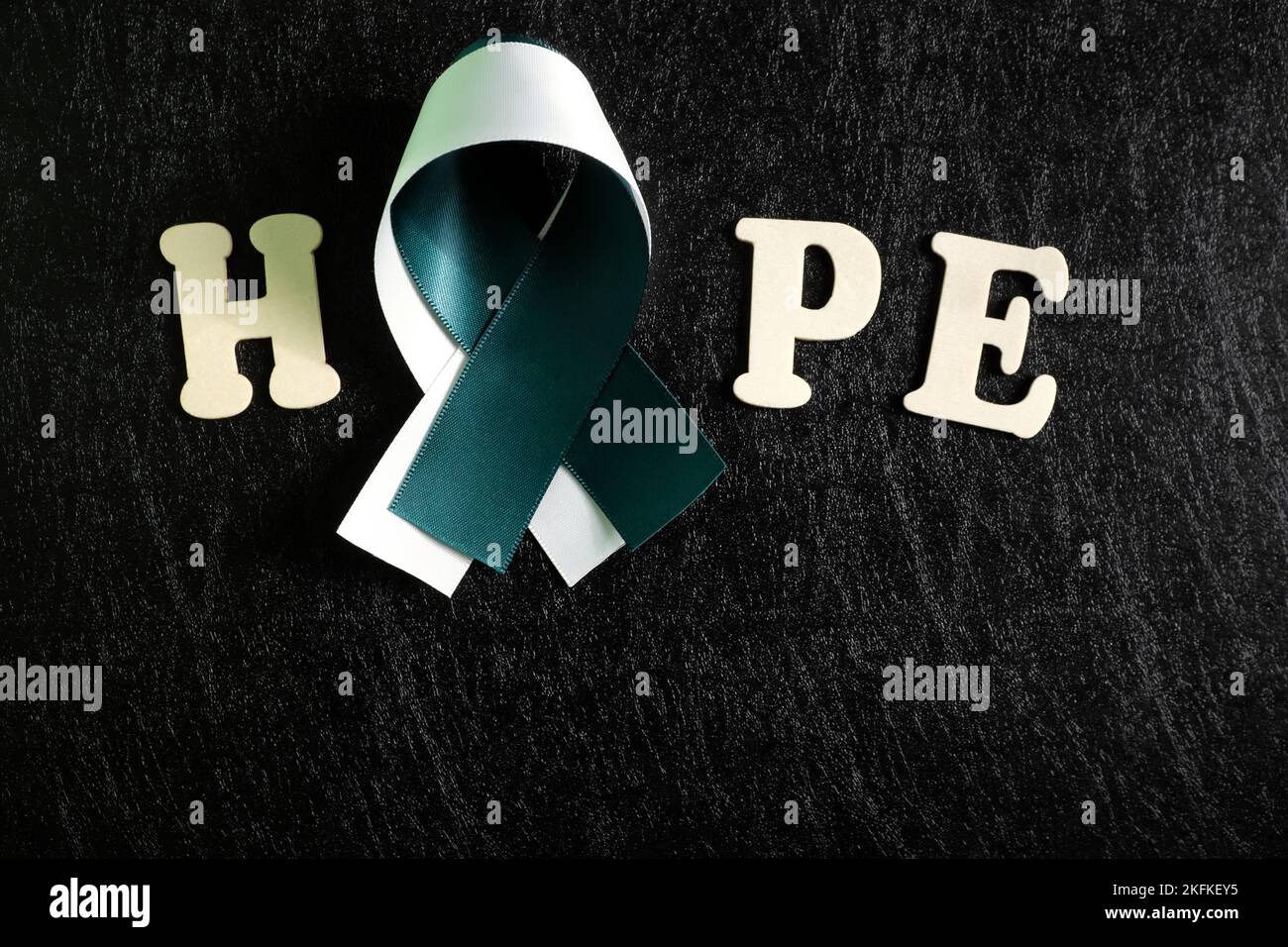 Top view of with word hope teal and white ribbon in dark black ...