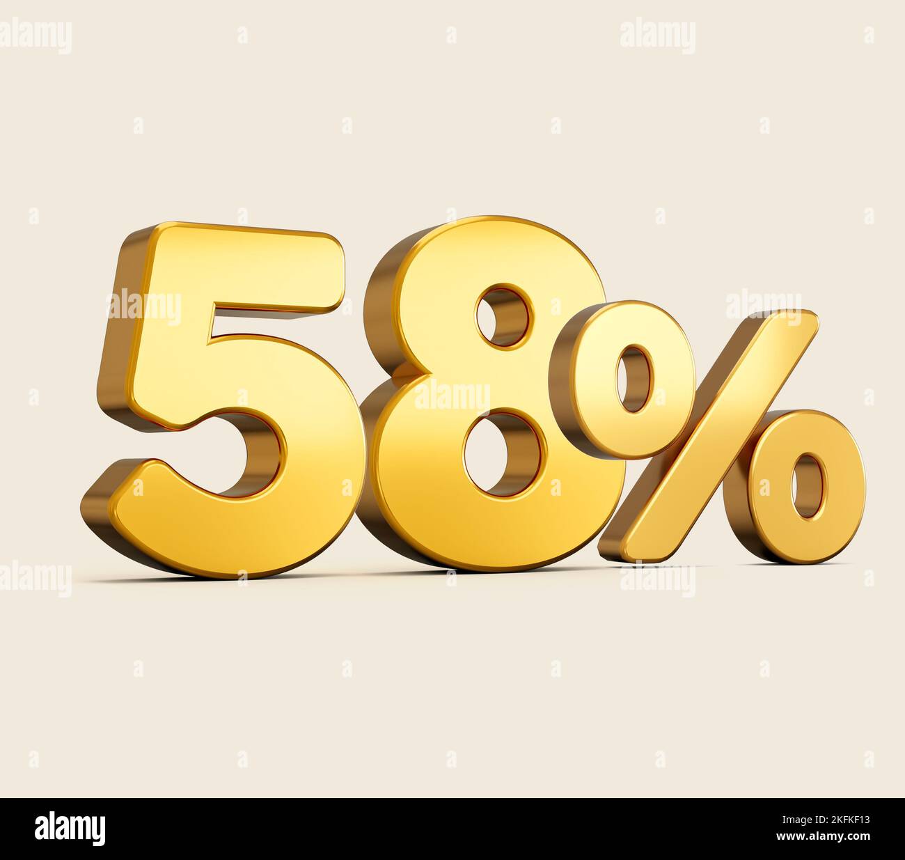 A 3D rendering of golden number fifty eight percent isolated on beige ...