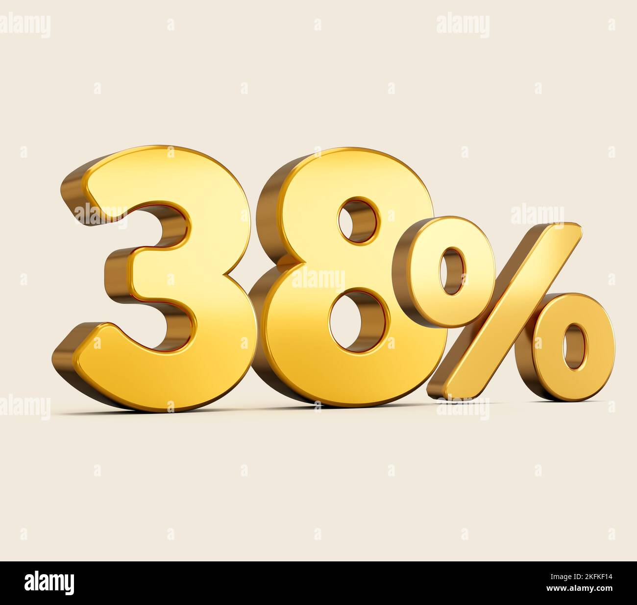 A 3D rendering of golden number thirty eight percent isolated on beige ...