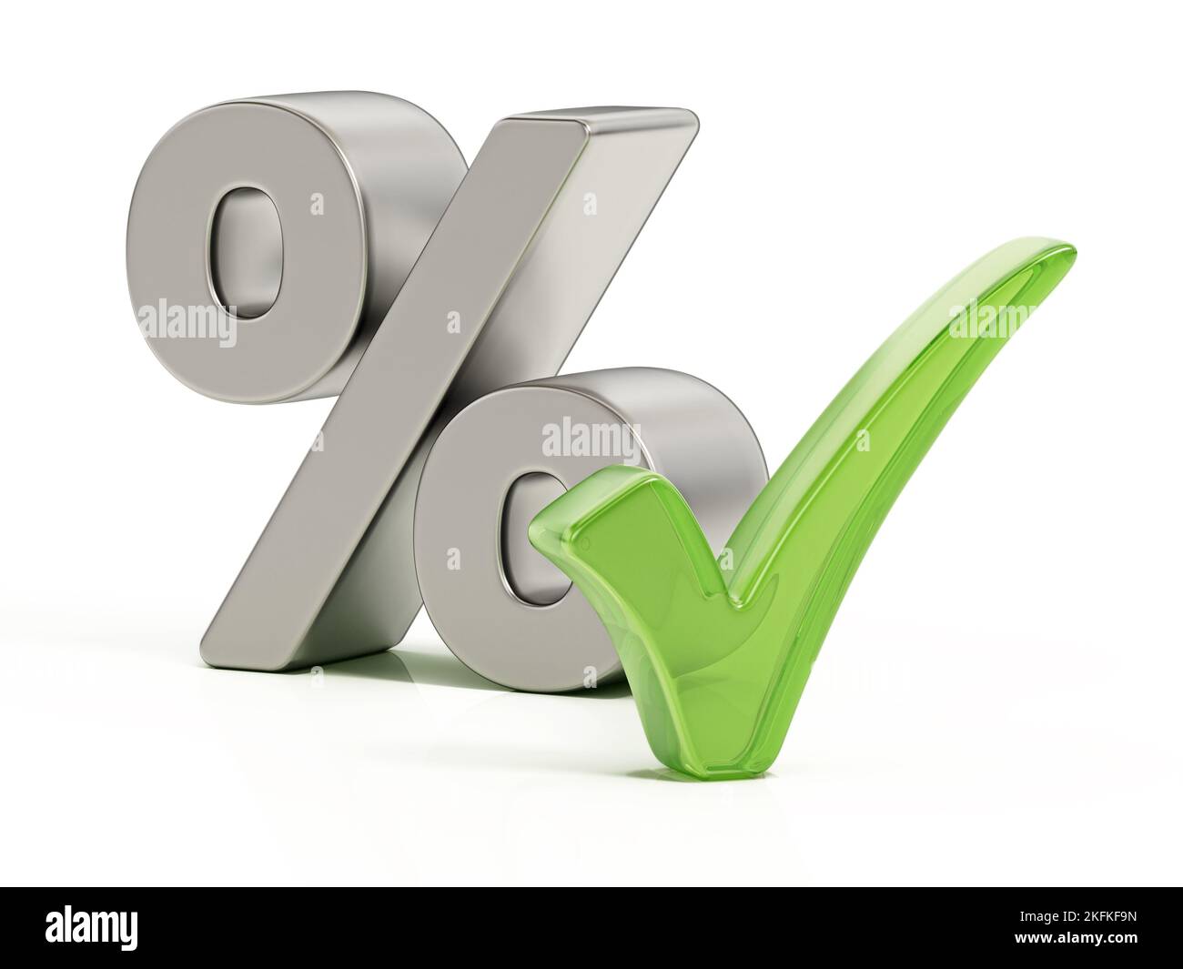 Silver percentage sign and green check mark isolated on white ...