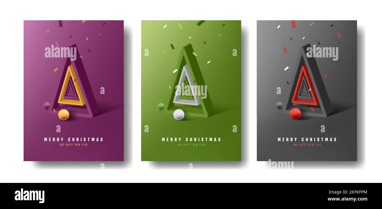 Merry Christmas greeting card templates set with stylized triangle ...