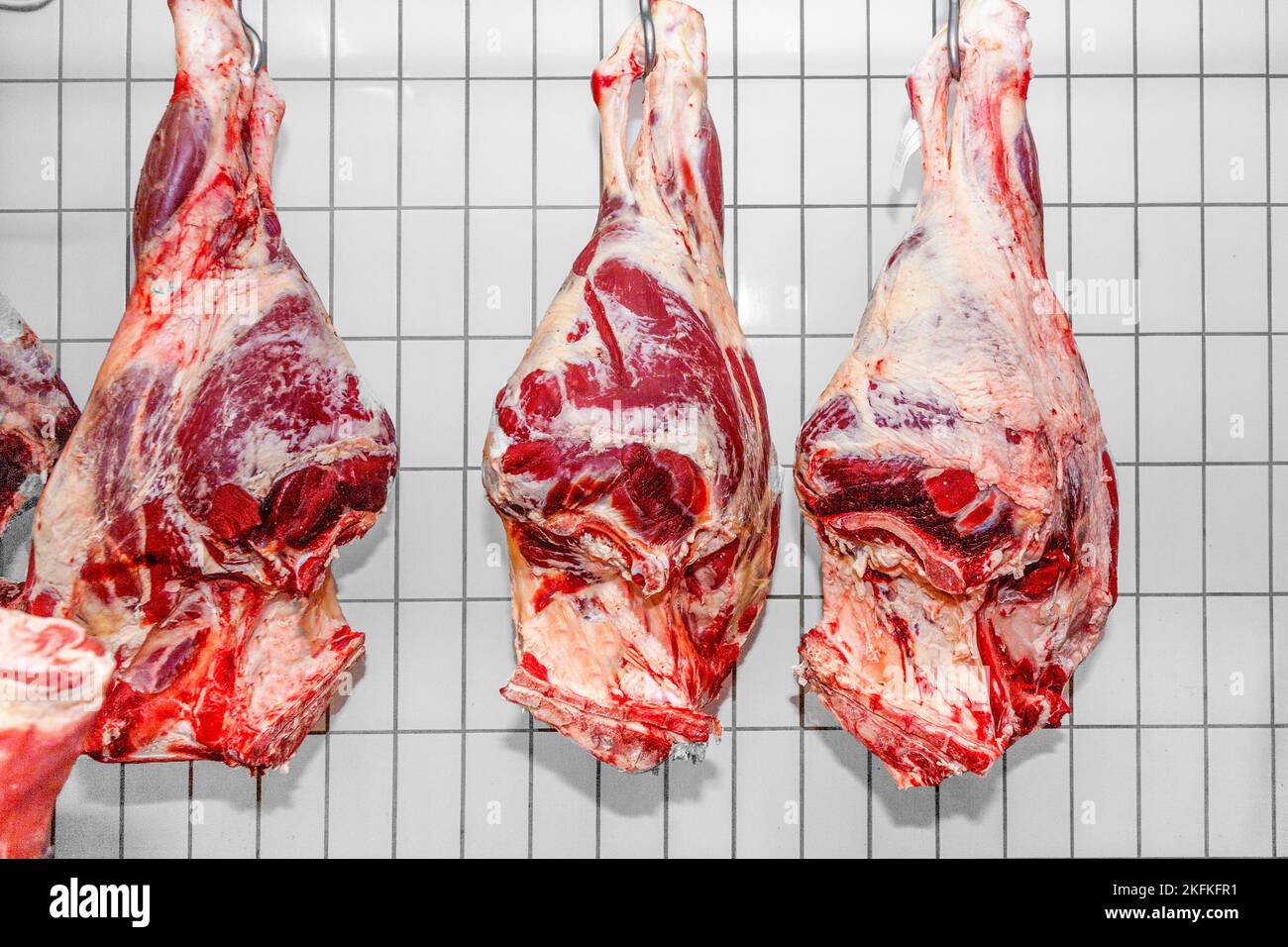 german sausages at the butcher fresh prepared and drying, Germany Stock ...