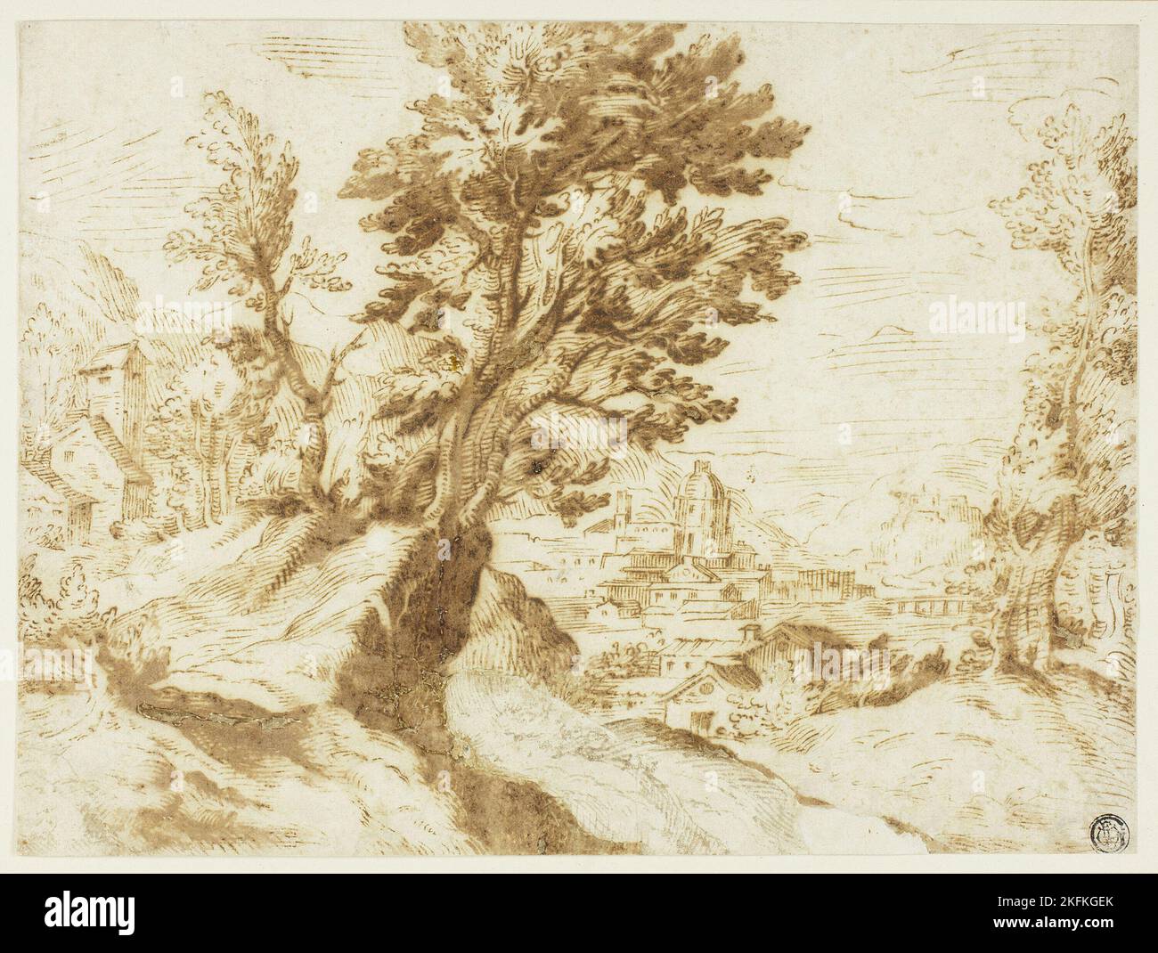 Hilly Landscape with Town in Distance, n.d. Circle of Agostino Carracci ...