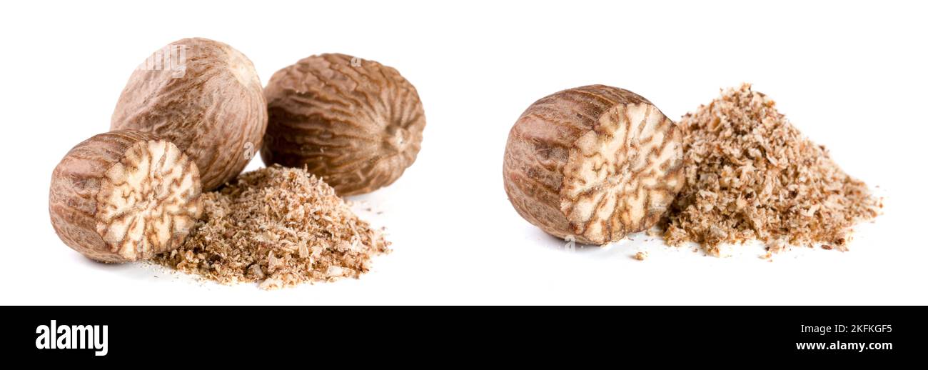 Three nutmeg and powder isolated on white background Stock Photo - Alamy