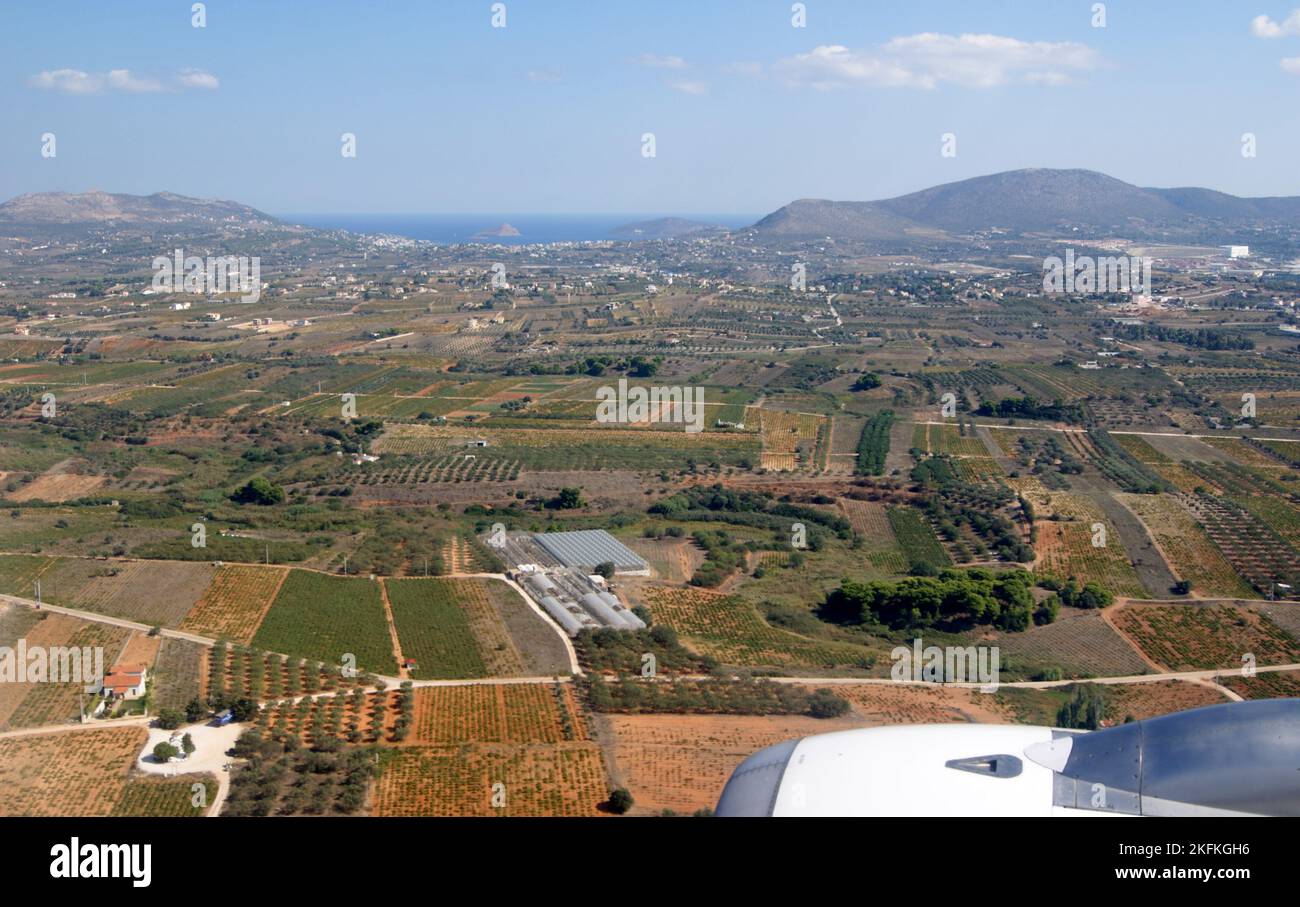 Rural landscape of Attica, aerial view on approach to Athens ...