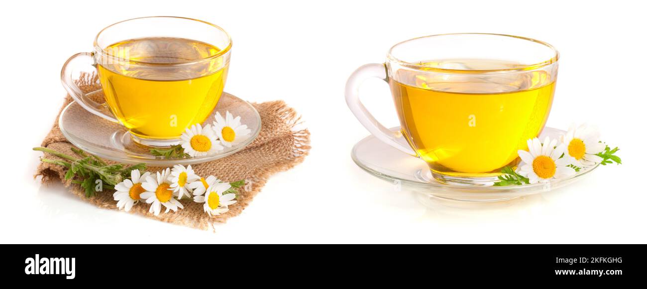 Herbal tea with fresh chamomile flowers on sackcloth isolated on white ...