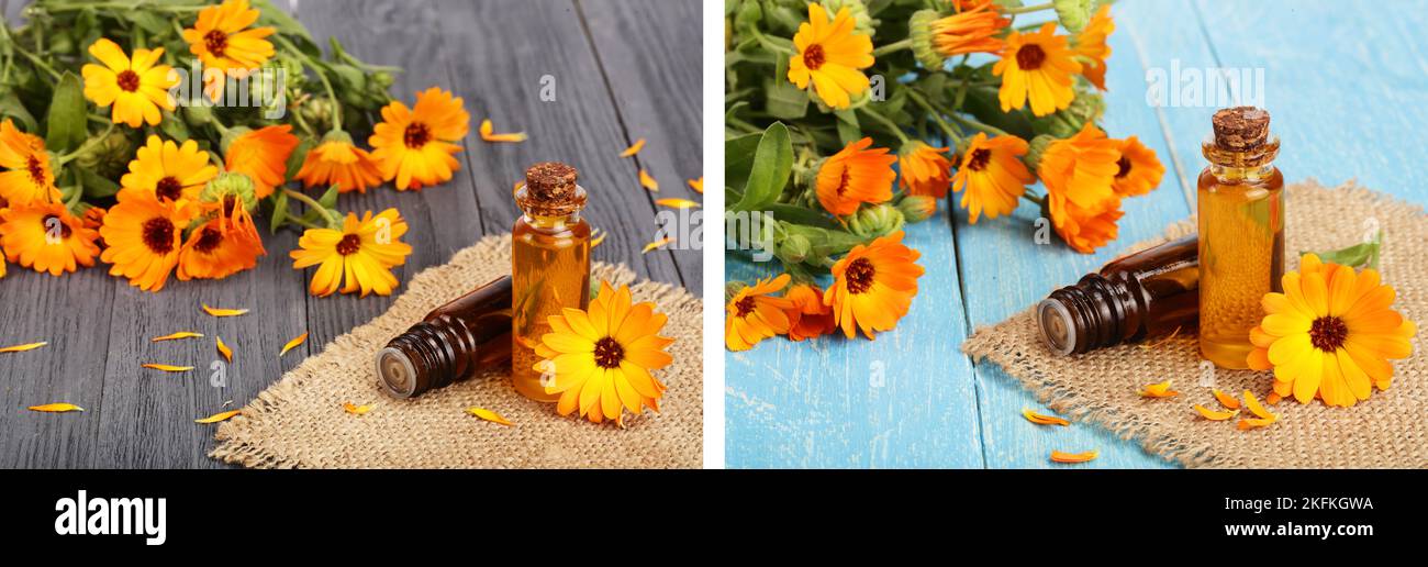 aromatherapy essential oil with fresh marigold flowers on old wooden ...