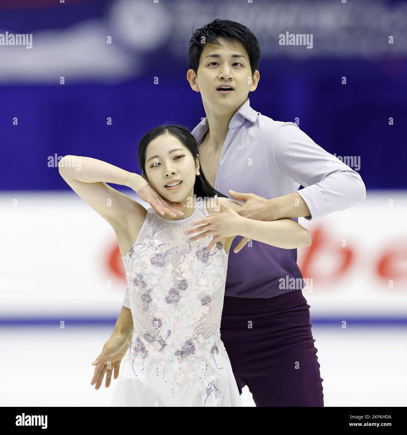 Japanese pair skaters Riku Miura (L) and Ryuichi Kihara perform in the ...