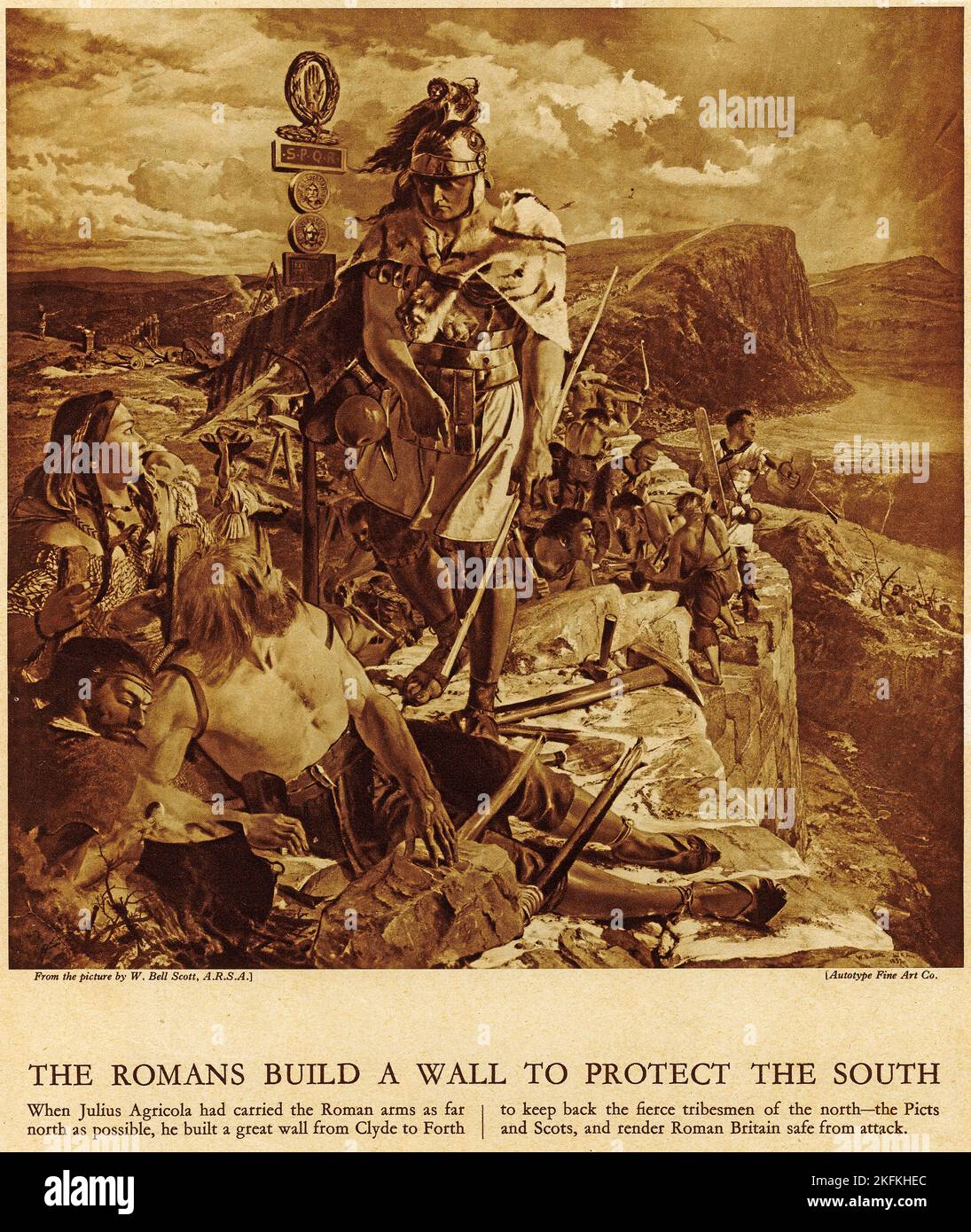 Halftone of the Romans building a wall in Scotland to protect the ...