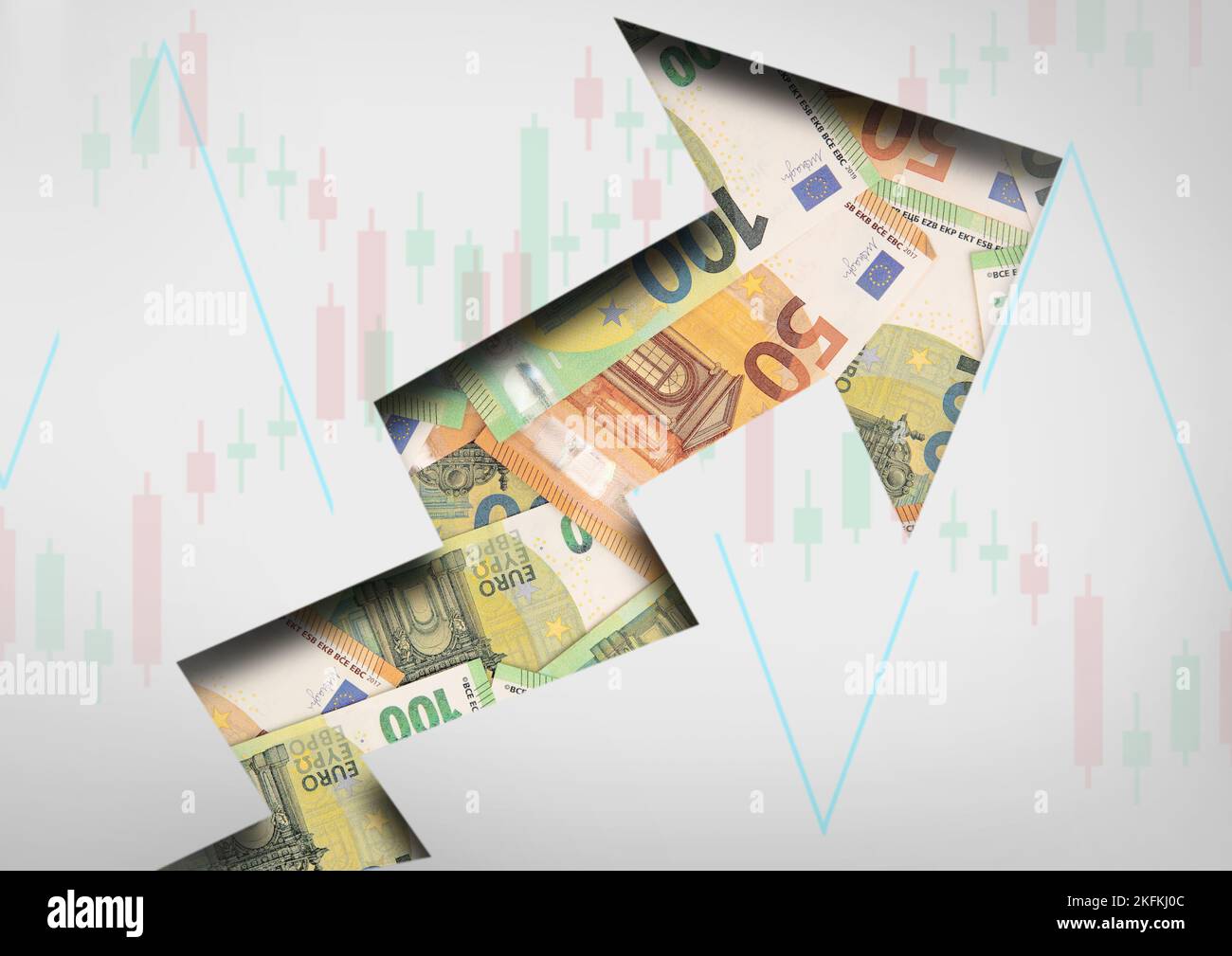 Concept arrow going up for stock trading with euro banknotes and stick ...