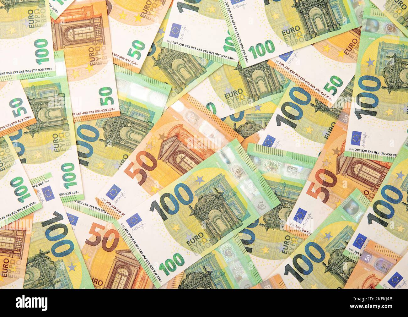 Fifty and one hundred euro banknotes close up flat lay.Top view rexture ...
