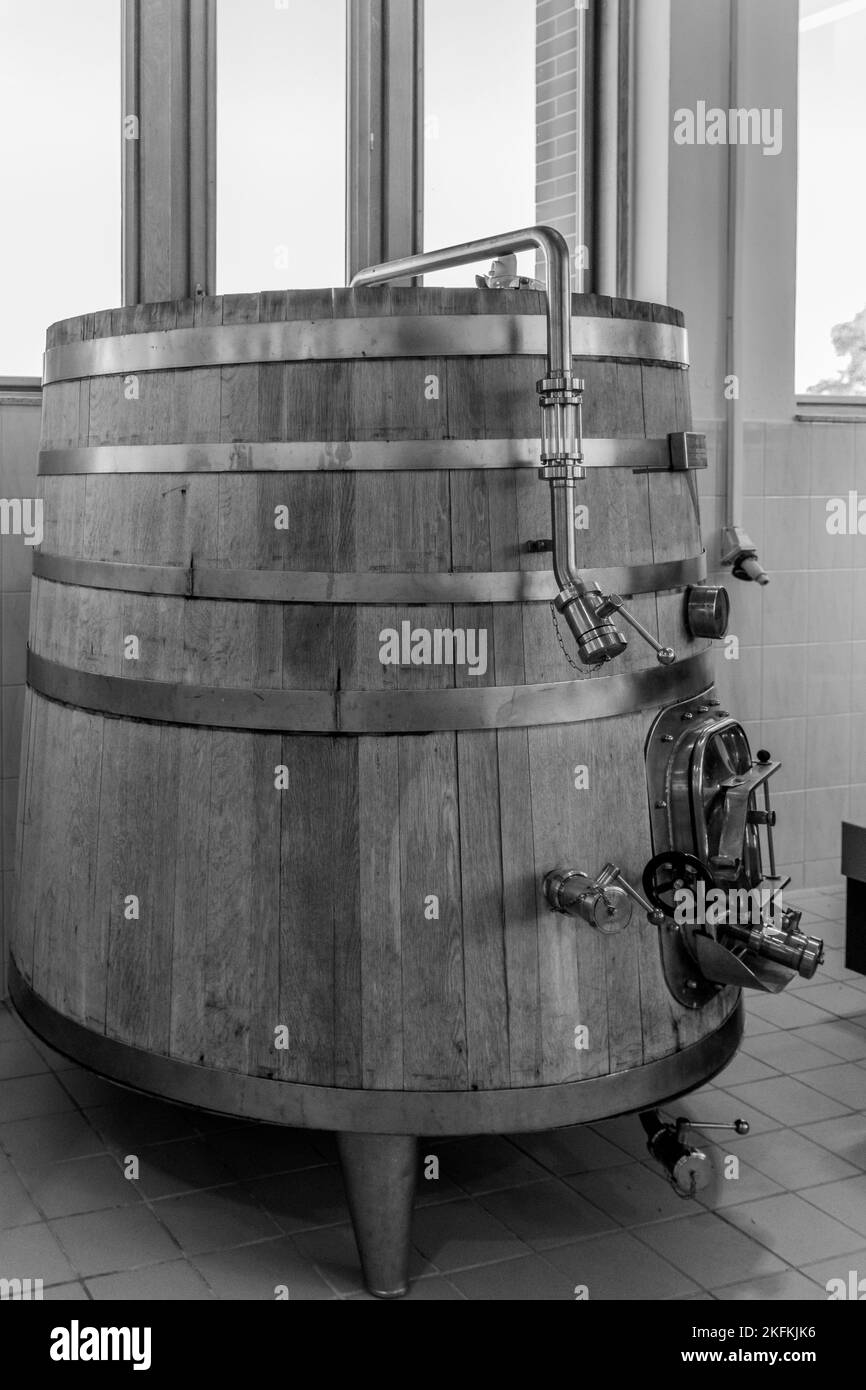 A grayscale of a wine-processing wooden barrel made of an oak tree in ...