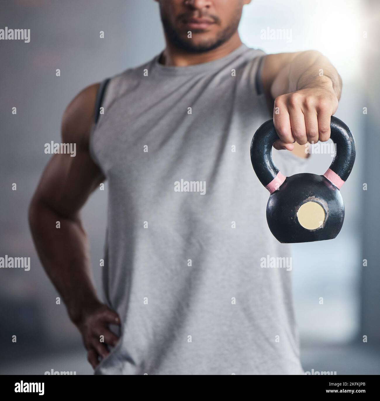 Fitness, exercise and man with kettlebell for weight training and ...