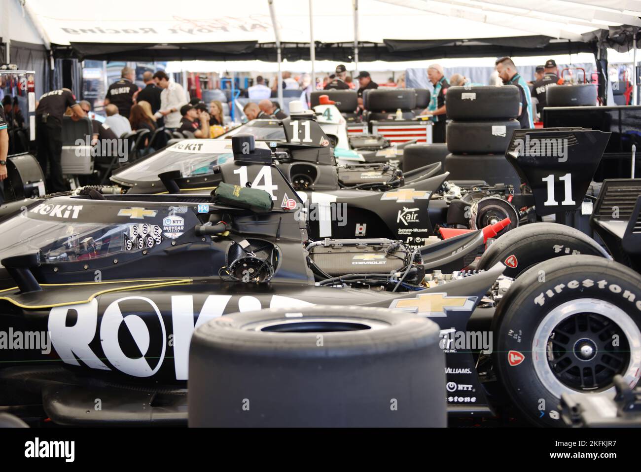 The Rahal Letterman Lanigan Racing team's cars 14, 11 and 4 stand in a ...