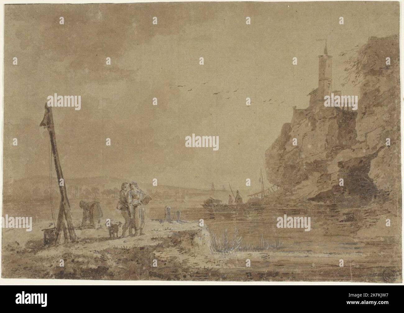 Small Harbor Beneath Cliffs, n.d. Attributed to Charles Eschard Stock ...