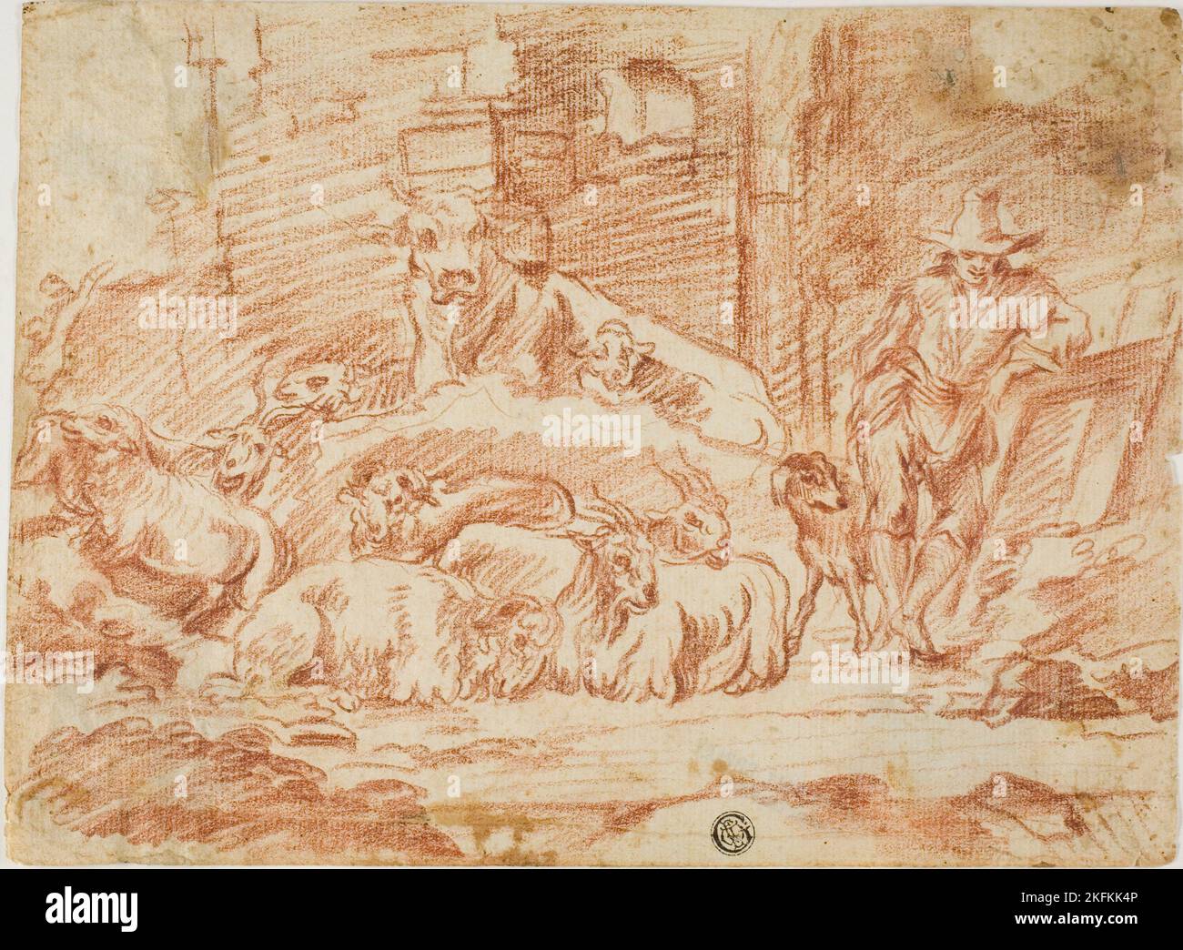 Stable Interior: Herder Resting with Sheep, Cow, Goats and Dog, n.d ...
