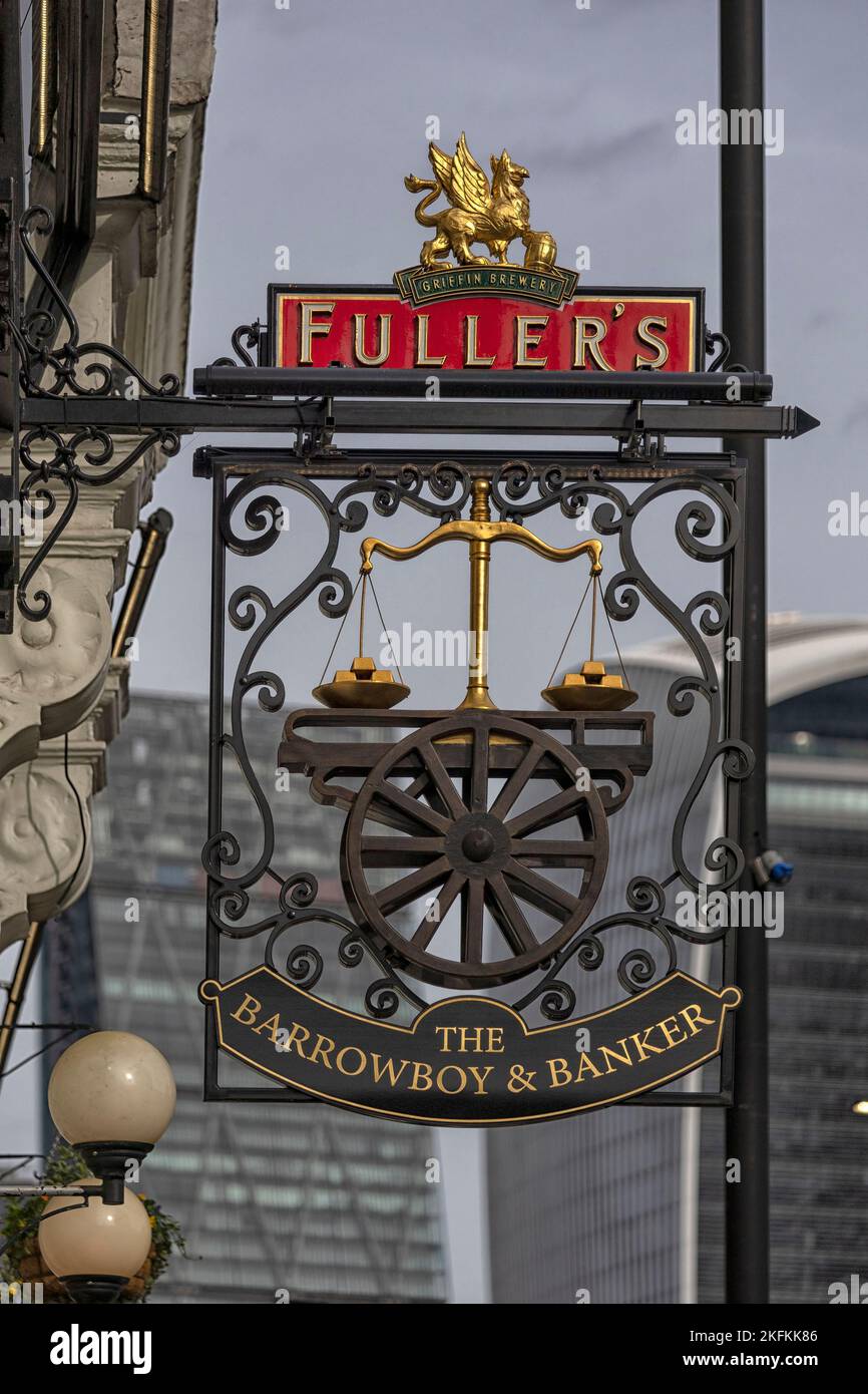 LONDON, UK - OCTOBER 29, 2022: Sign for the Barrowboy and Banker pub in ...