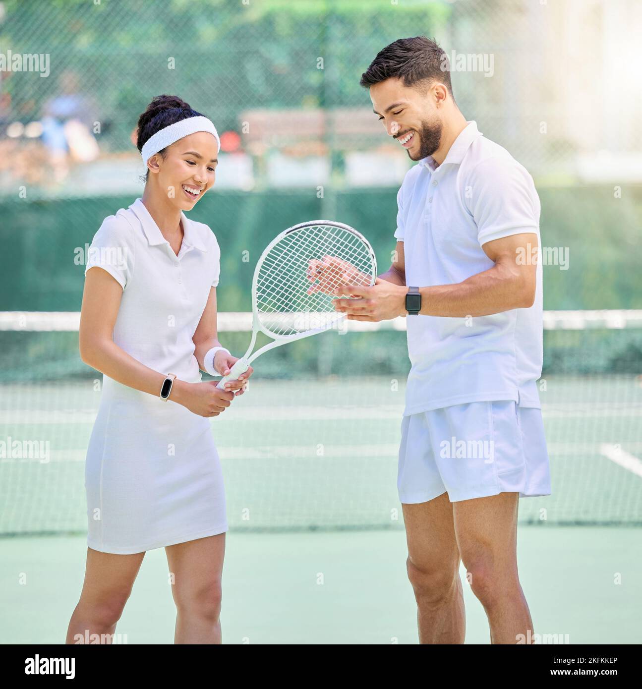 Tennis, start and couple with a racket on court for training, game and ...