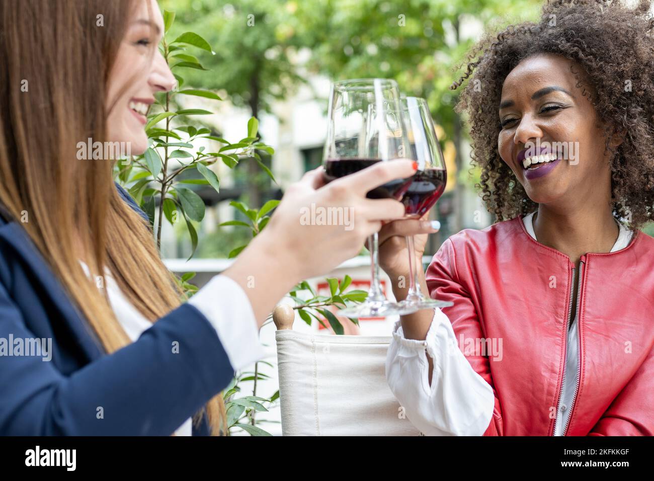 two women toasting with red wine glasses, business people having party ...