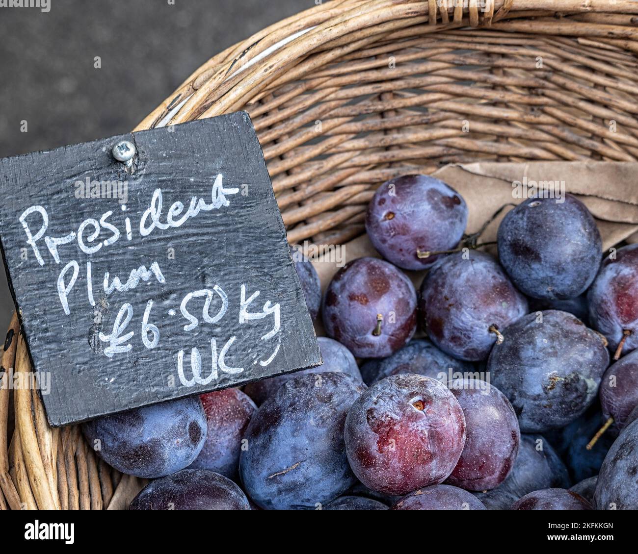 LONDON, UK - OCTOBER 29, 2022: Basket of loose ripe President Plums on ...