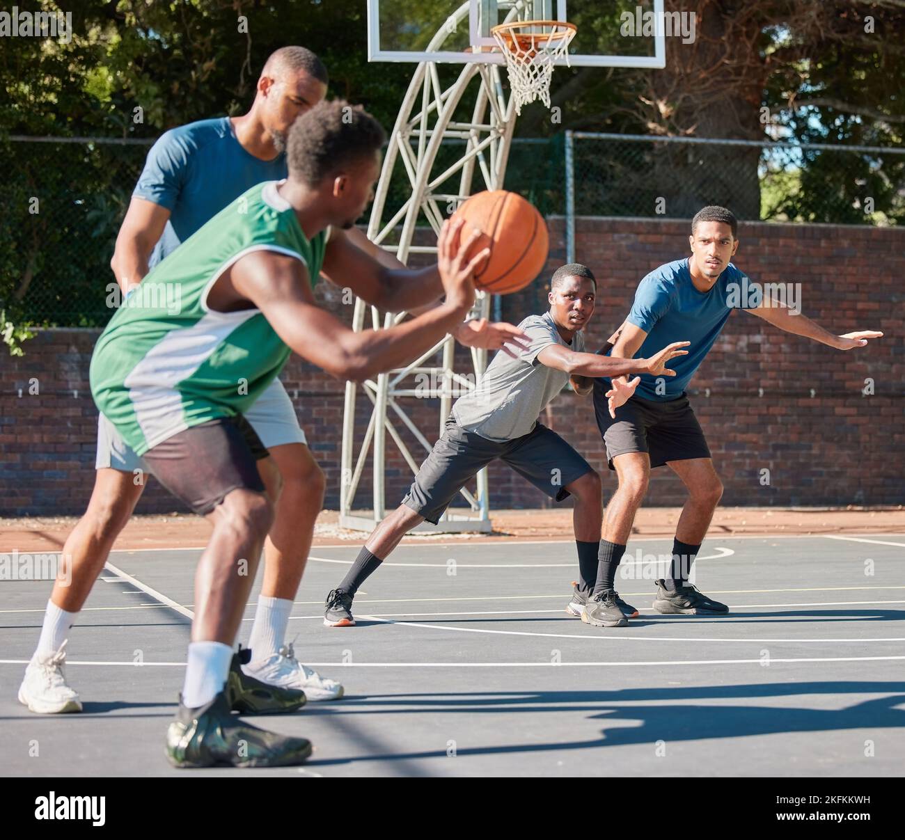 Basketball, game and fitness men team exercise with sport teamwork and ...