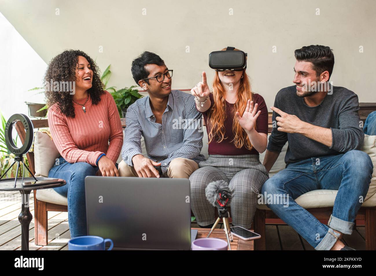 Digital lifestyle and metaverse virtual reality, group of young people ...