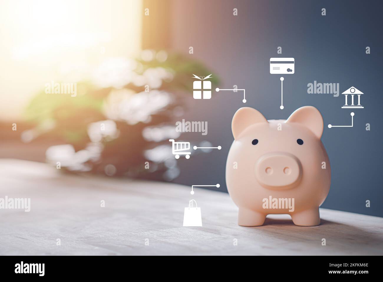 Piggy bank on wood table. Saving money wealth and financial increased ...