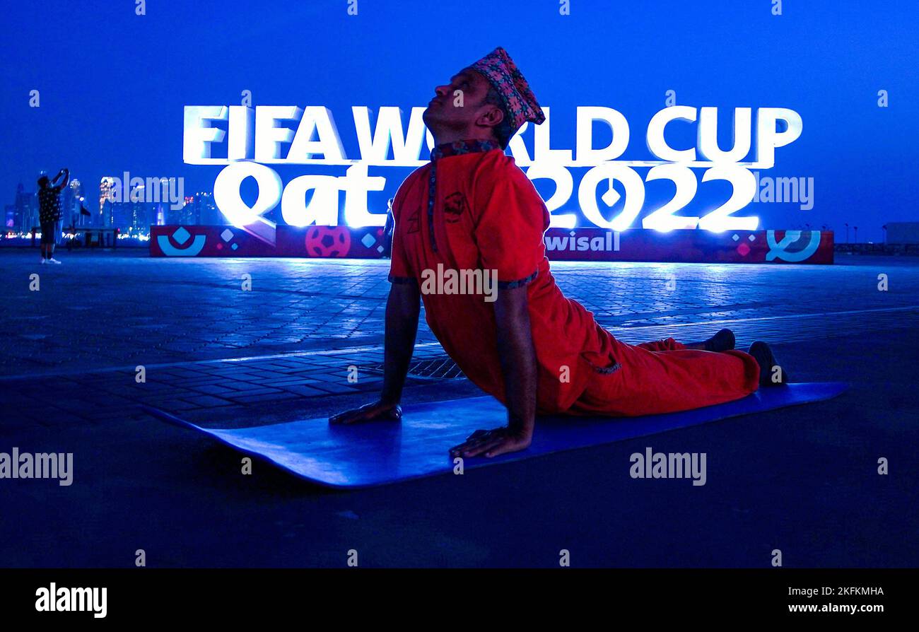 Jhapat Bahadur Linear performs early morning yoga at Cornice in Doha, Qatar. Picture date ...