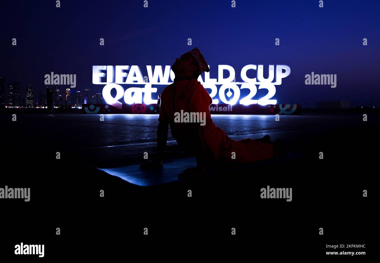 Jhapat Bahadur Linear performs early morning yoga at Cornice in Doha, Qatar. Picture date ...