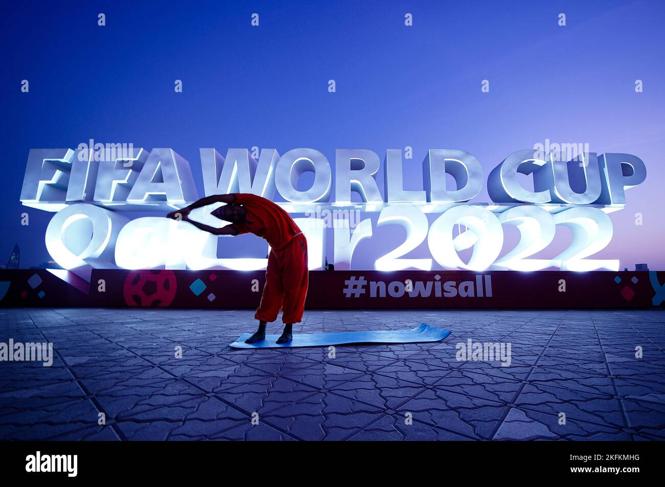 Jhapat Bahadur Linear performs early morning yoga at Cornice in Doha, Qatar. Picture date ...