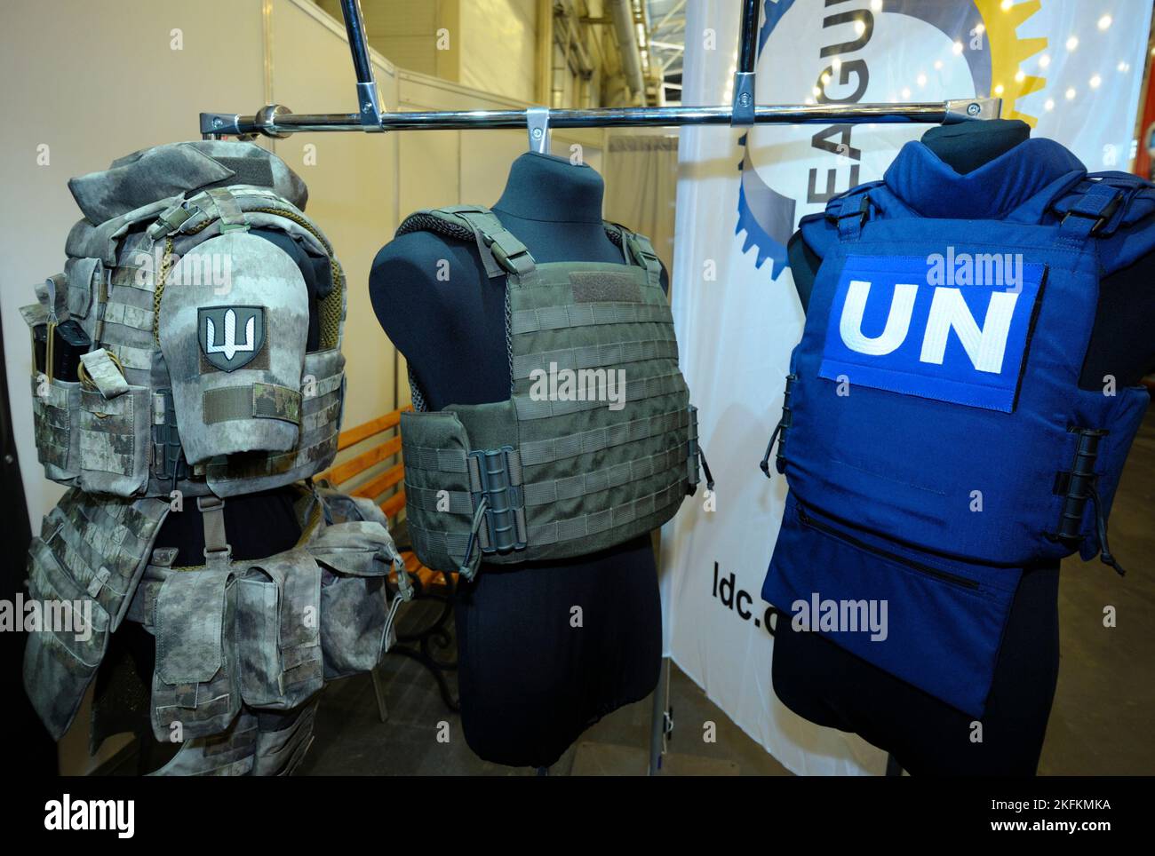 Bulletproofs and assault vests placed on a stand, made in Ukraine ...