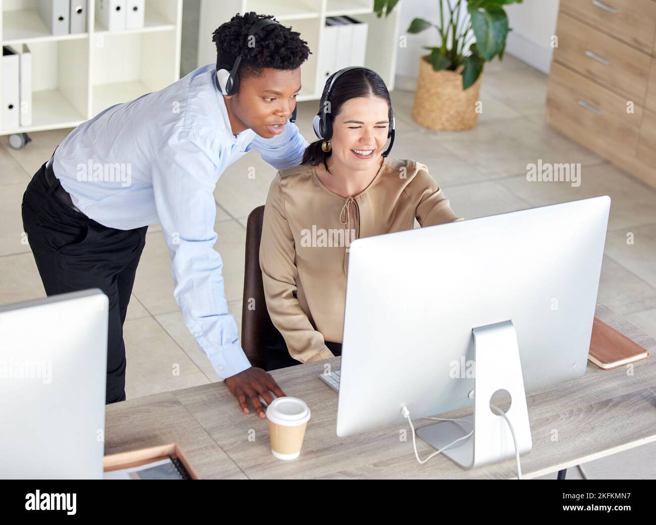 Black man, woman or computer call center training in crm consulting, b2b sales telemarketing or ...