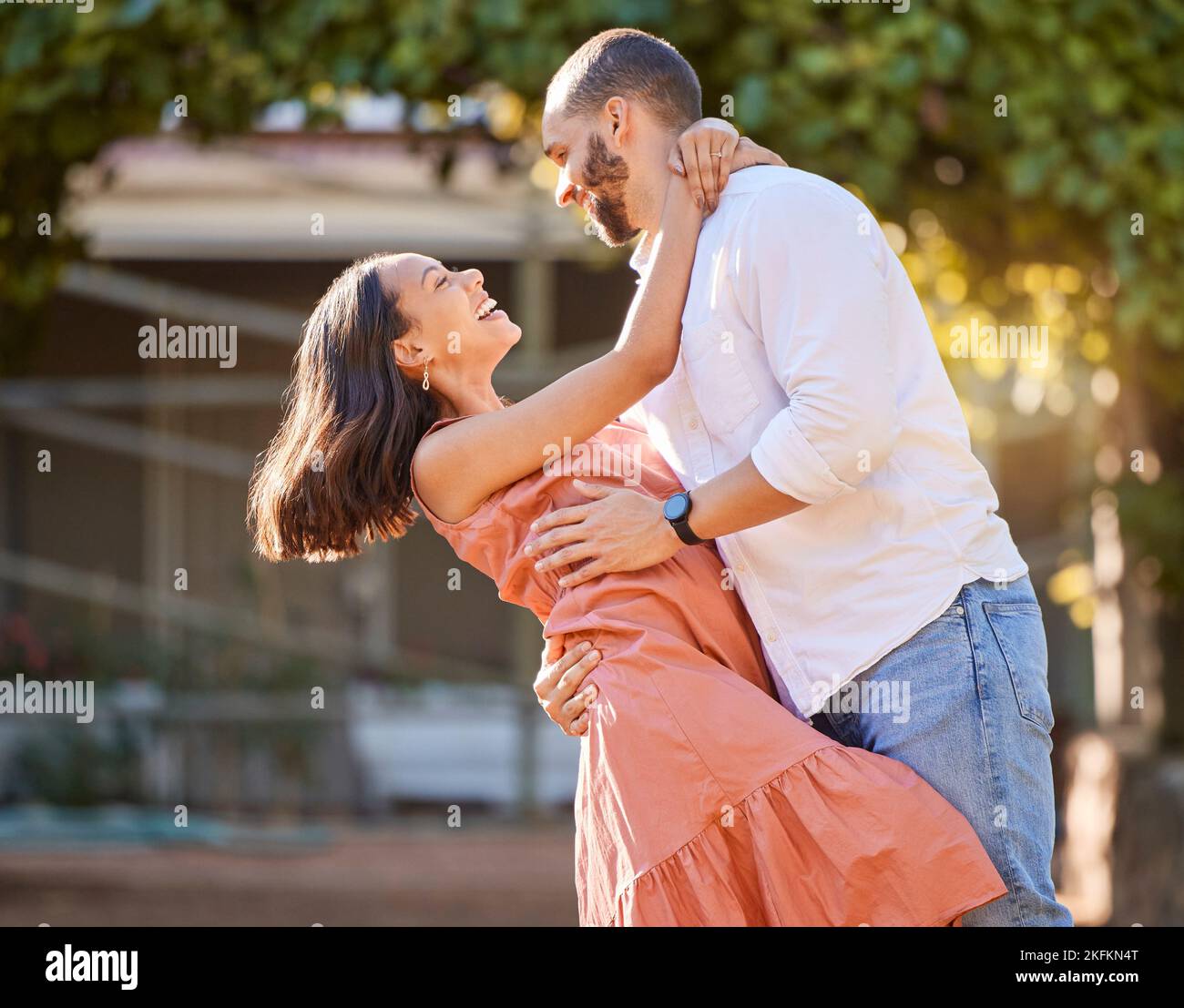 Happy, love and couple dance in nature for romantic summer date ...