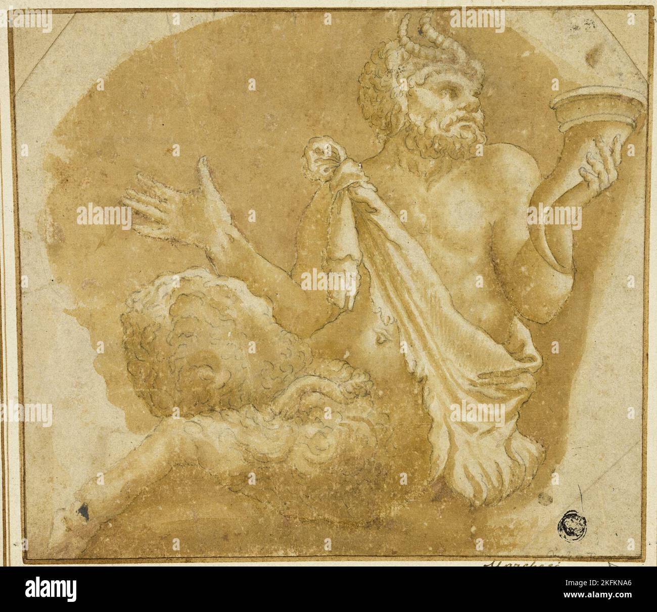 Seated Faun Holding Cornucopia (recto); Sketch of Tree and House (verso ...