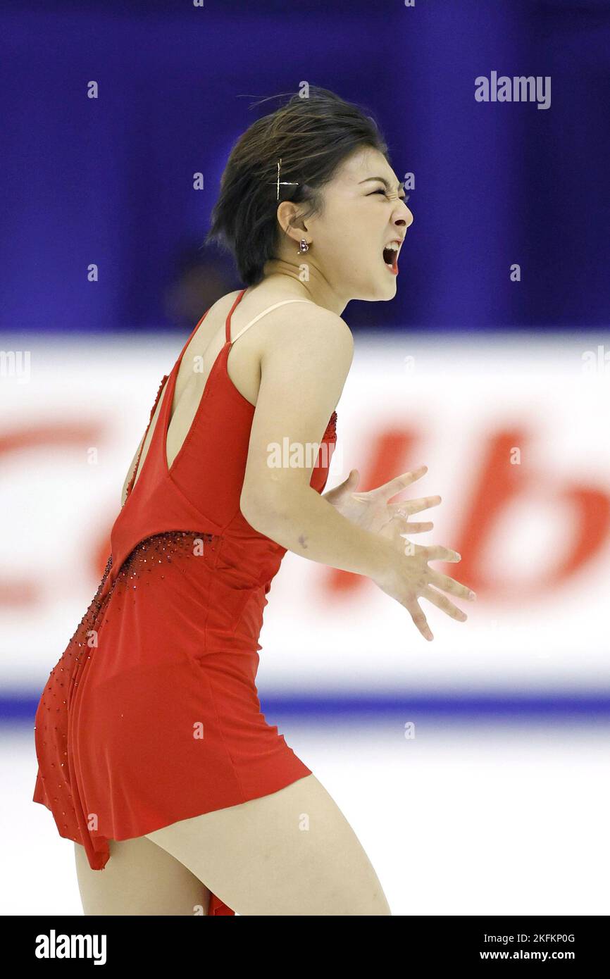 Japanese figure skater Kaori Sakamoto reacts after performing in the ...