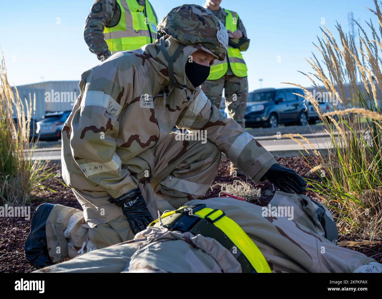 U.S. Air Force Airmen conduct a simulated human remains recovery during ...
