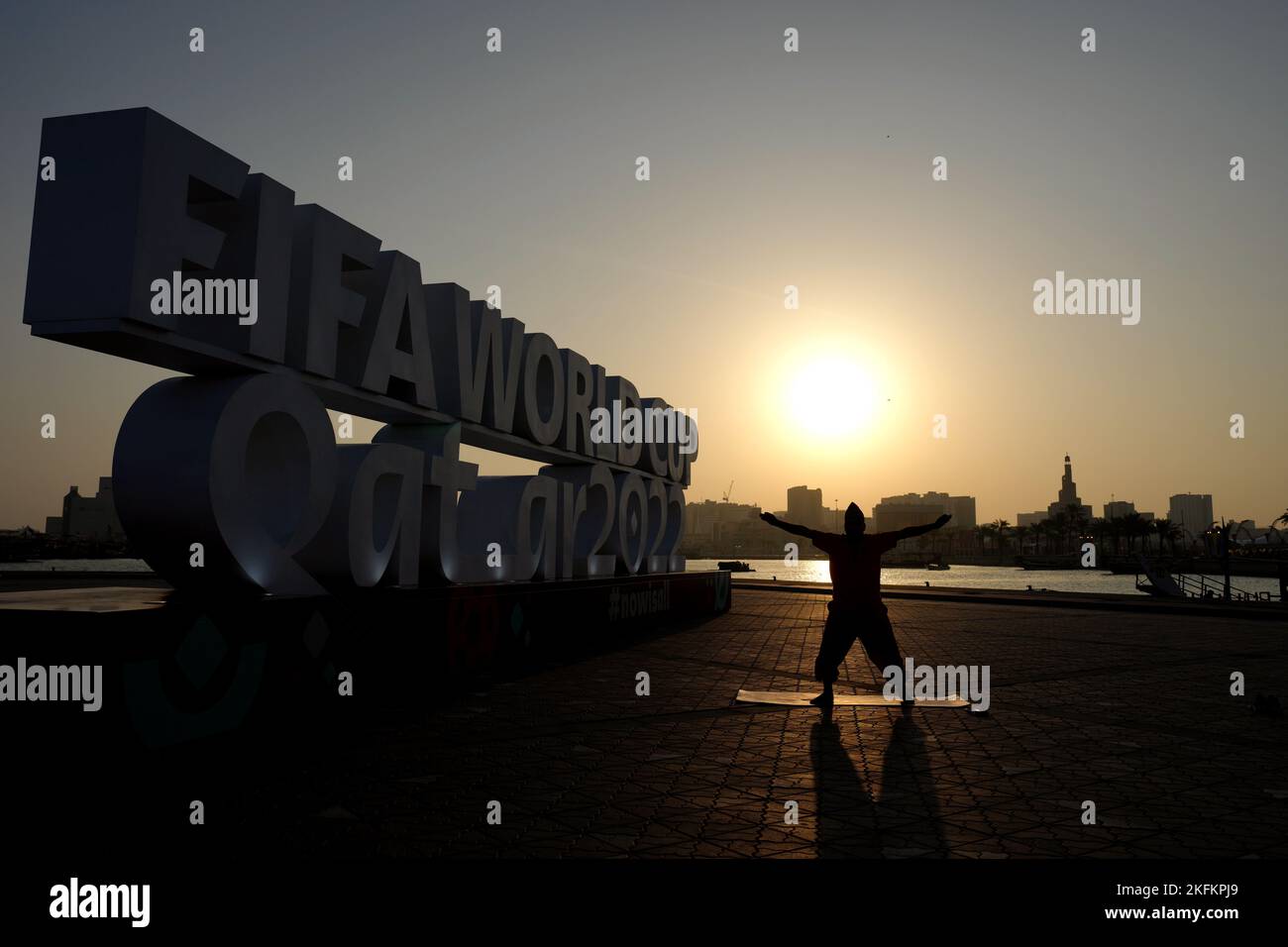 Jhapat Bahadur Linear performs Yoga in Doha at sunrise, ahead of the FIFA World Cup 2022 in ...