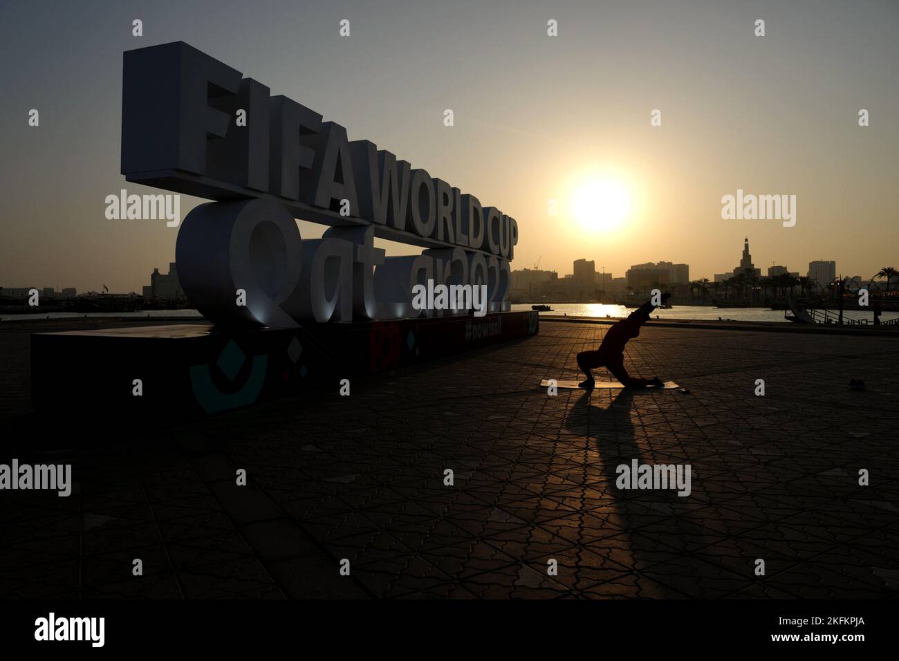 Jhapat Bahadur Linear performs Yoga in Doha at sunrise, ahead of the FIFA World Cup 2022 in ...