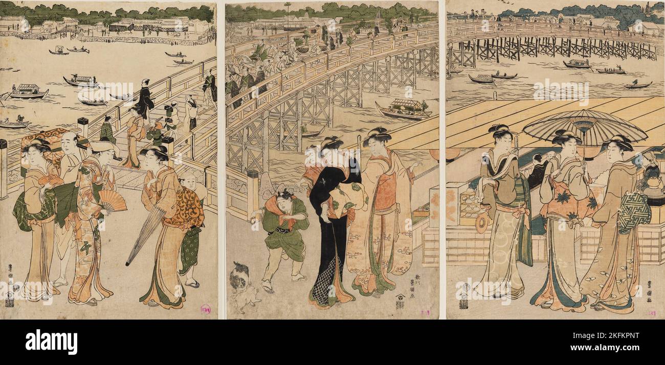 Ryogoku Bridge with figures in the foreground, 18th century Stock Photo ...