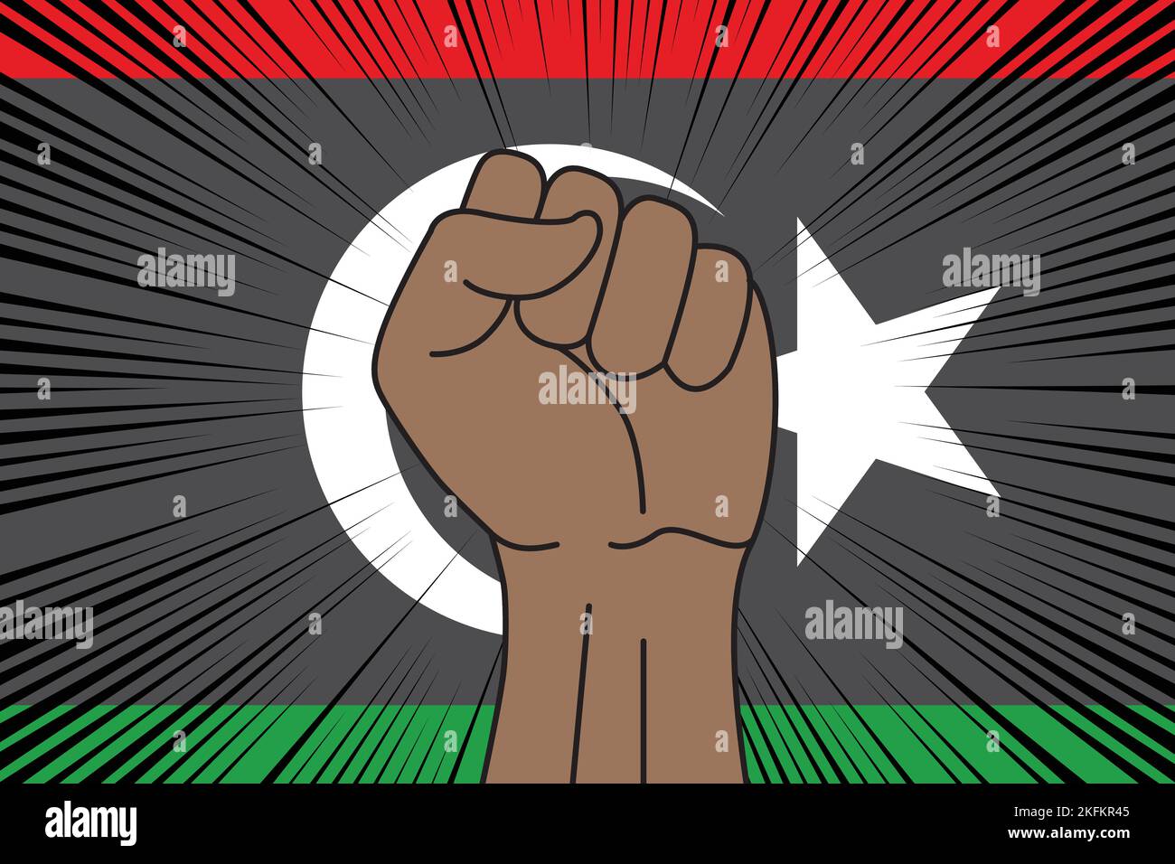 Human fist clenched symbol on flag of Libya background. Power and ...