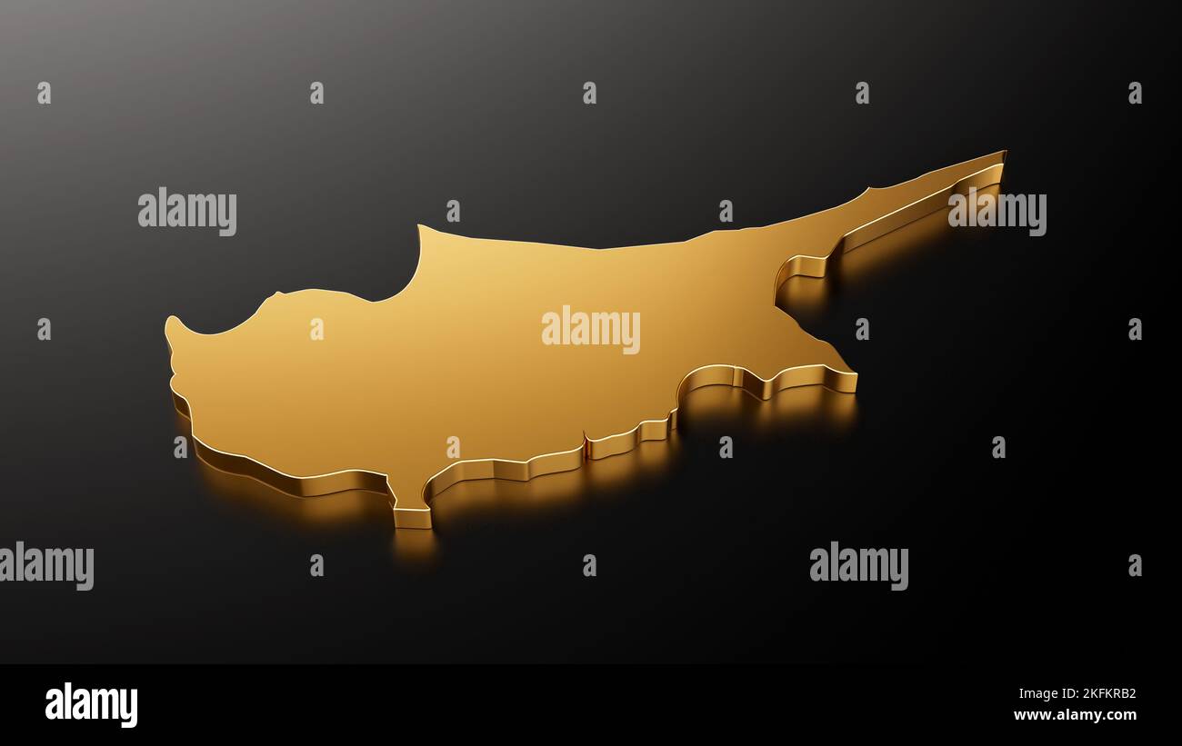 A 3d illustration of Cyprus exclusive gold map on black background ...