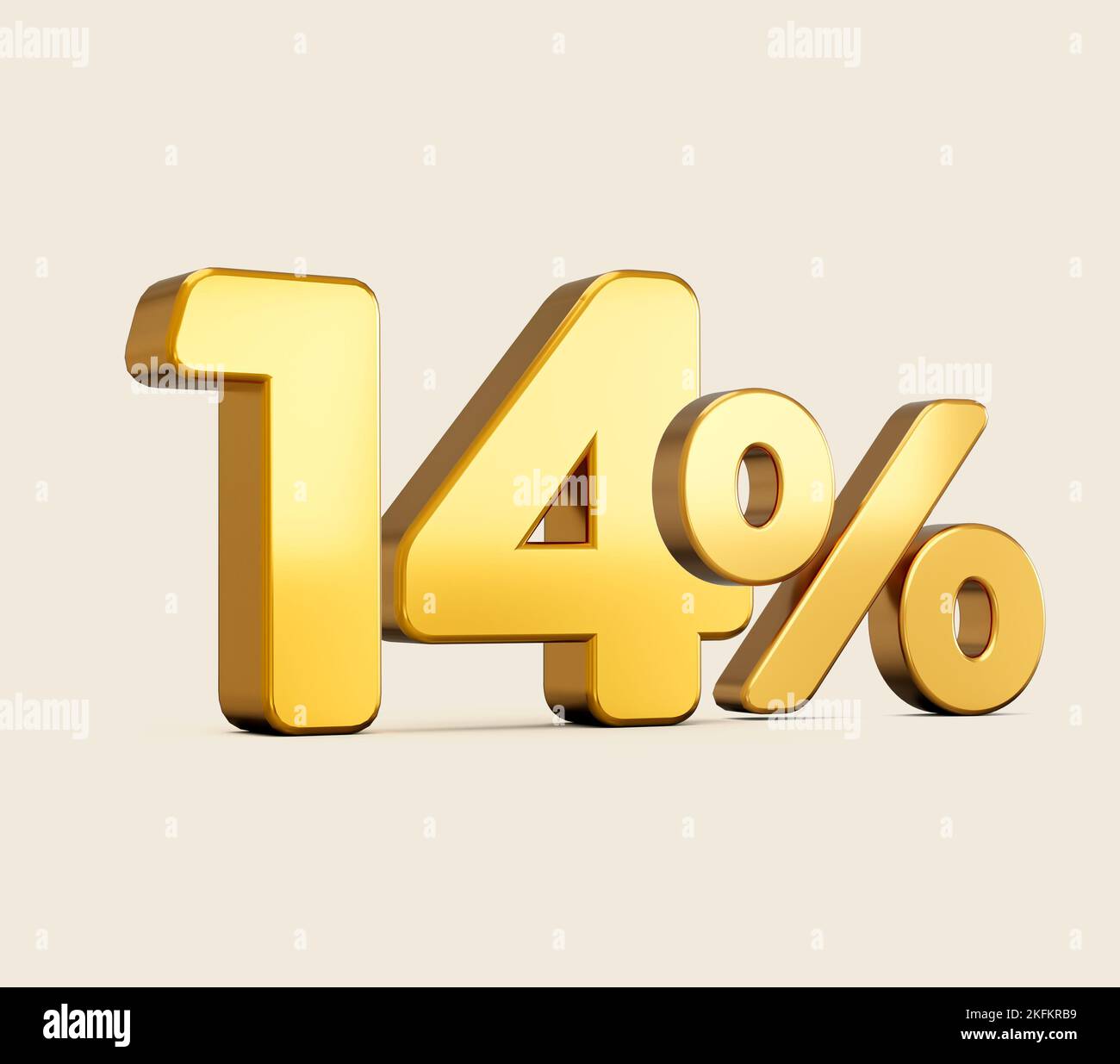 A 3D illustration of a golden fourteen percent isolated on a beige ...