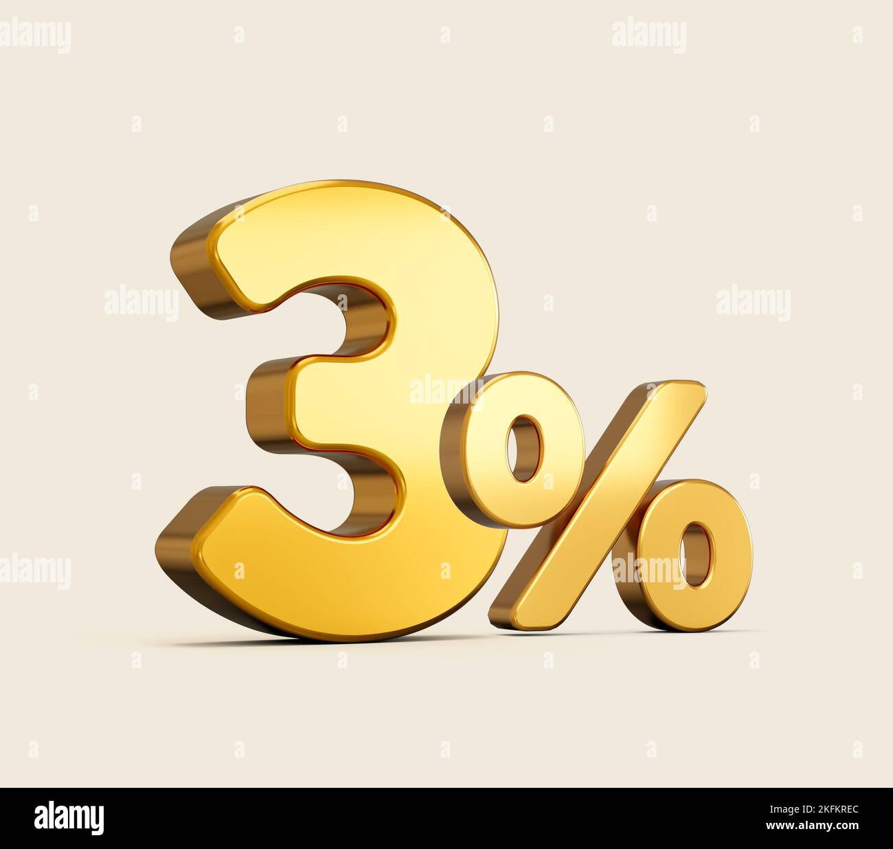 A 3D illustration of a golden three percent isolated on a beige ...