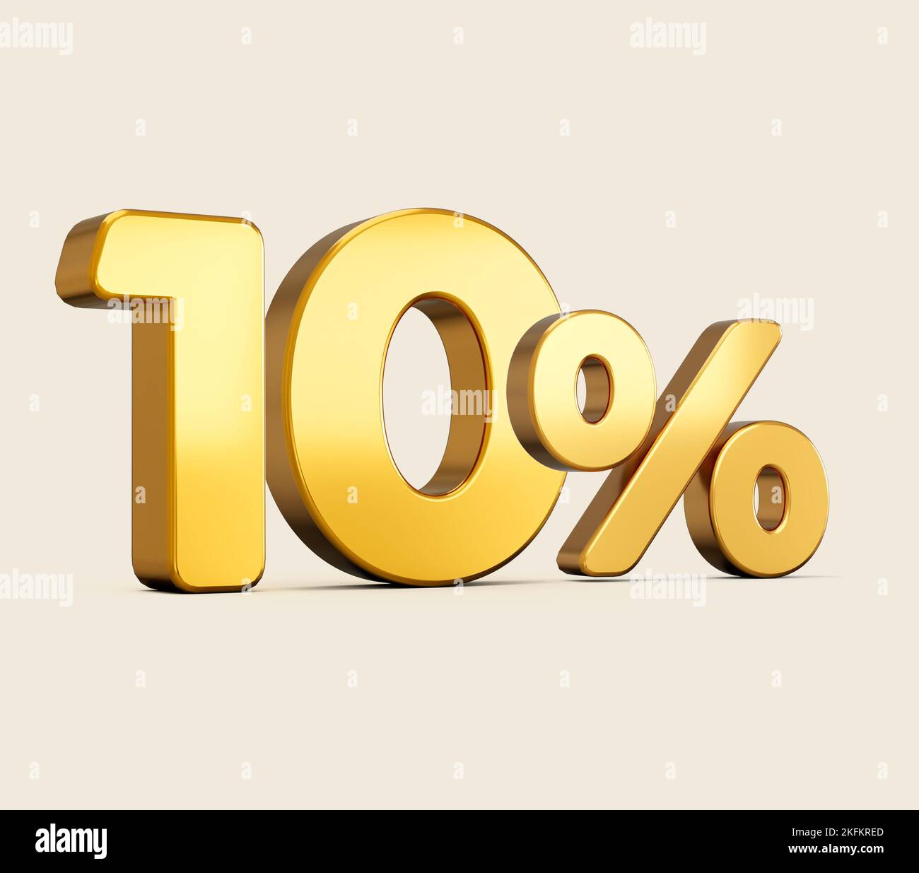 A 3D illustration of a golden ten percent isolated on a beige ...